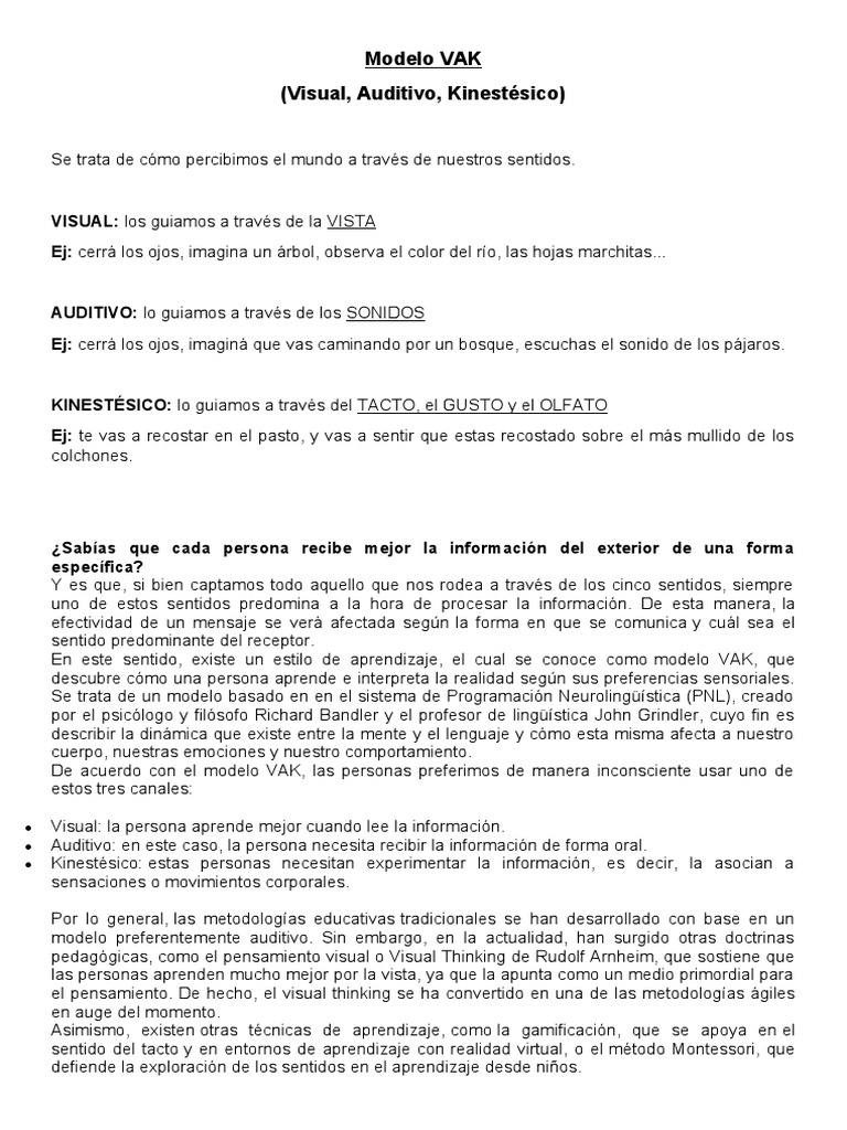 Modelo VAK (Visual, Auditivo, Kinestésico) | PDF | Aprendizaje ...