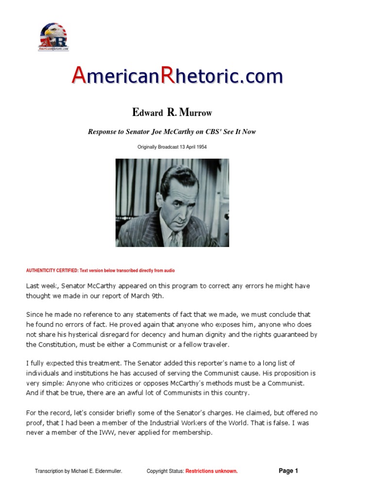 Edward R. Murrow - Response To McCarthy On CBS | PDF | Joseph Mc Carthy ...