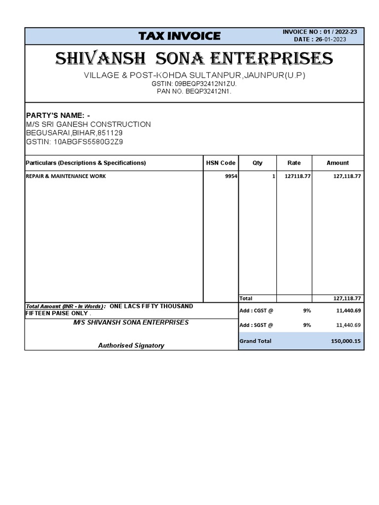 Shivansh Sona Bill N.O 1 | PDF