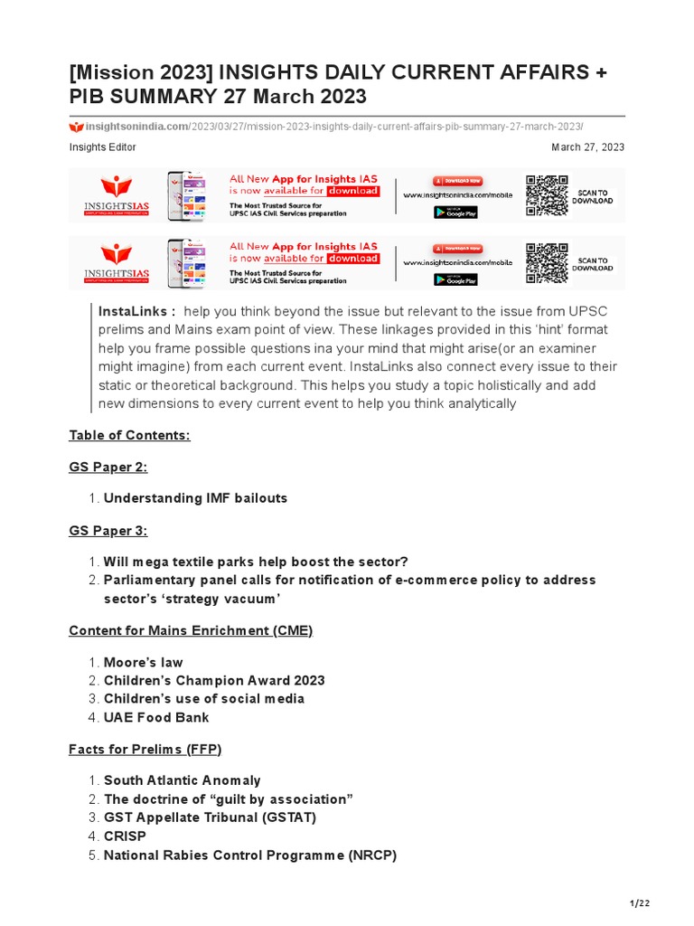Mission 2023 Insights Daily Current Affairs Pib Summary 27 March