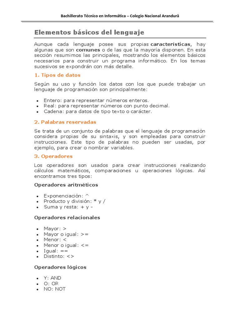 Elementos Básicos Del Lenguaje Agosto 2021 | Descargar gratis PDF | Lenguaje de programación ...