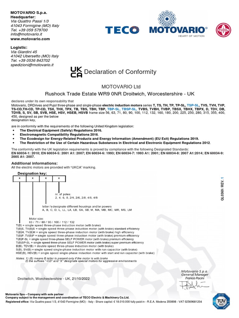 Declaration of Conformity for Motovario Electric Motors and Drives for ...