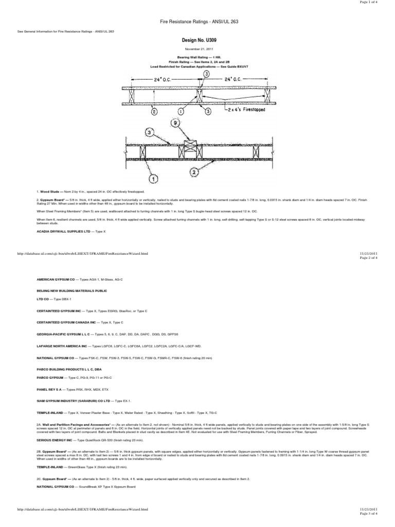 Fire Resistance Ratings - ANSI/UL 263: Design No. U309 | PDF | Drywall | Framing (Construction)