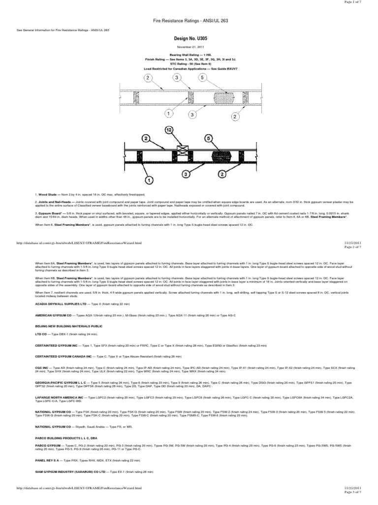Fire Resistance Ratings - ANSI/UL 263: Design No. U305 | PDF | Drywall ...