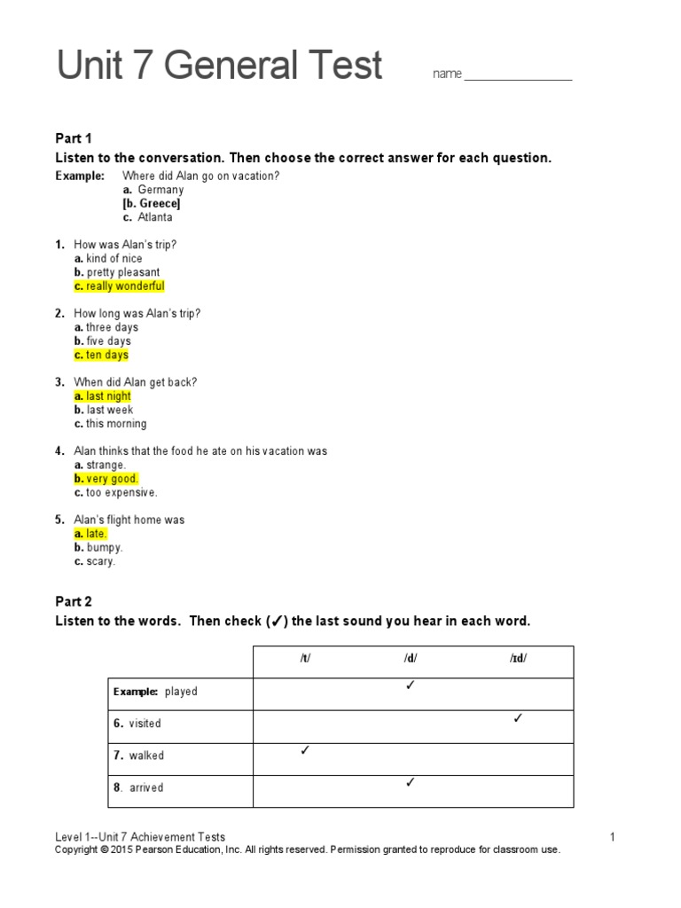 Top Notch 1 Unit 7 Assessment | PDF