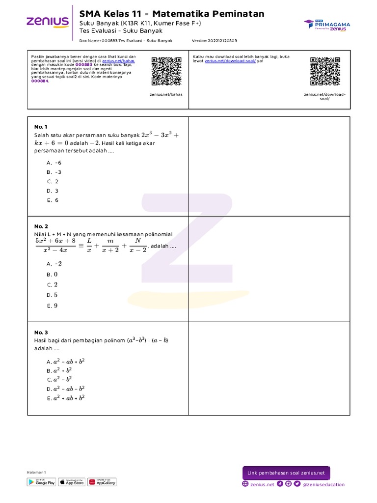 Suku Banyak (K13R K11, Kumer Fase F+) Tes Evaluasi - Suku Banyak | PDF
