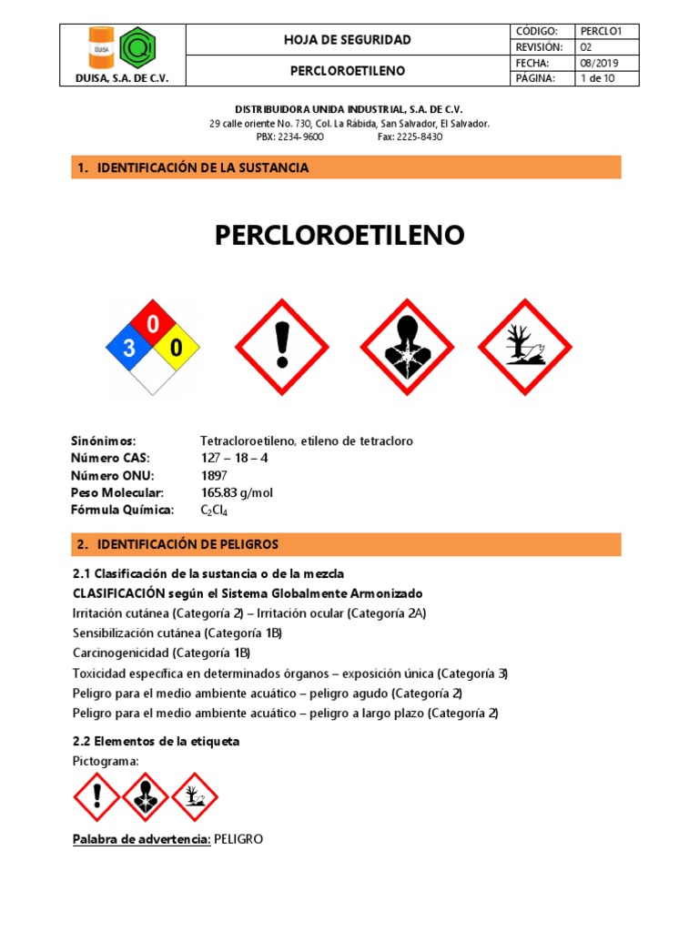 HS - Percloroetileno - Rev.02 | PDF | Agua | Dolor