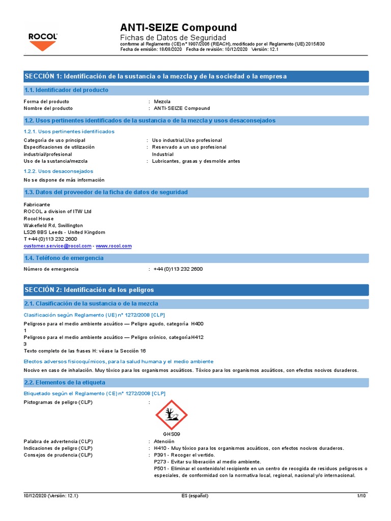 Anti Seize Compound | PDF | Toxicidad | Agua