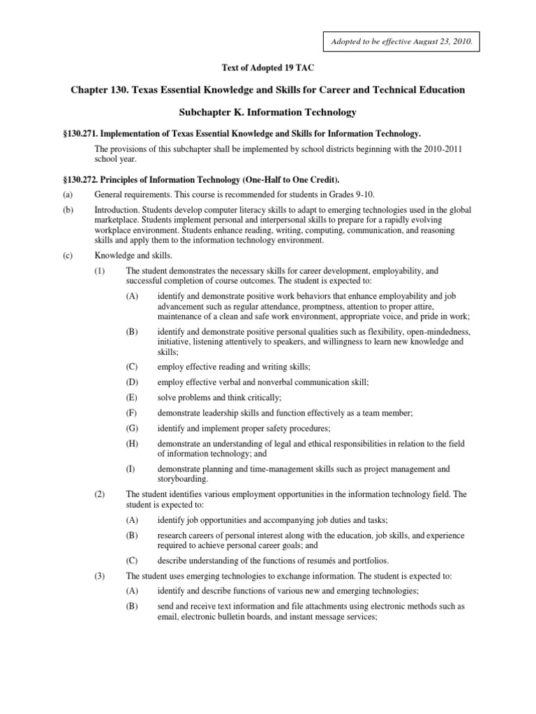 Chapter 130. Texas Essential Knowledge and Skills For Career and ...
