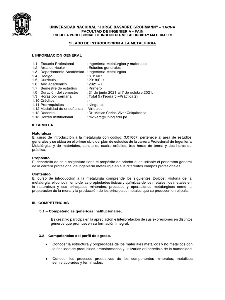 Sylabus de Introduccion A La Ingenieria Metalurgica 2021 | PDF | Metalurgia | Evaluación