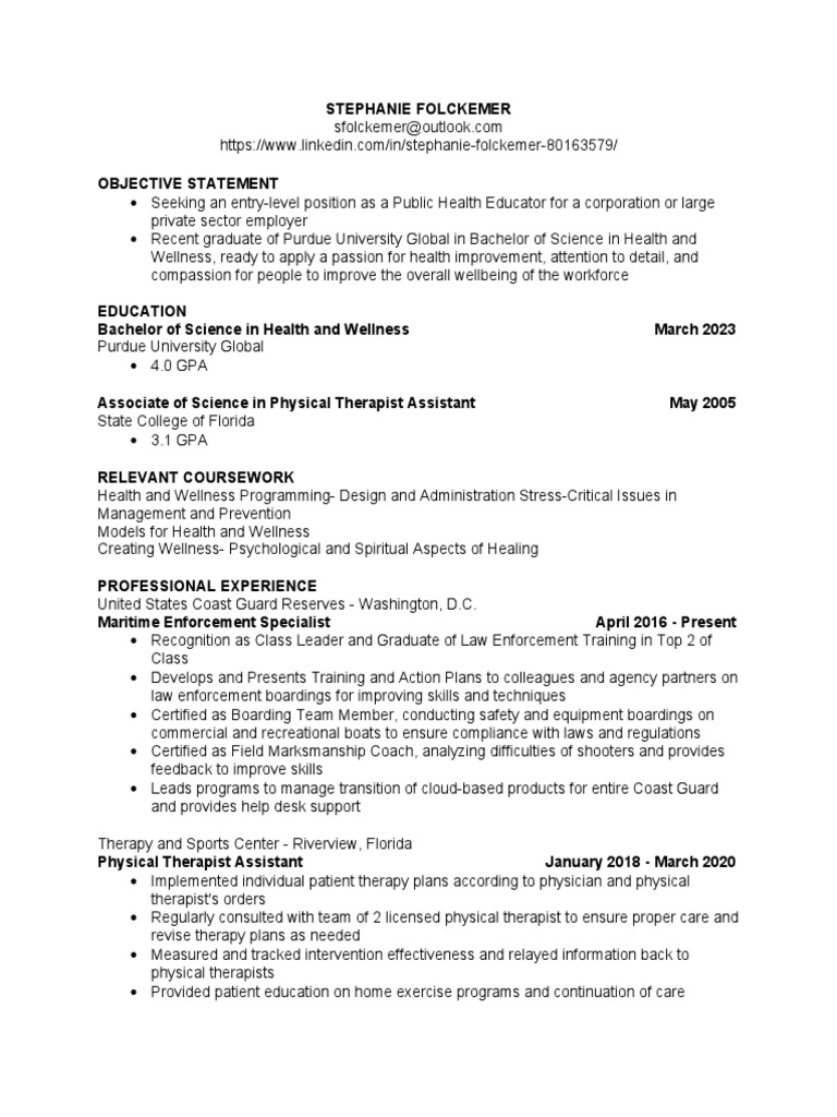 hw499 Unit 9 Assignment Resume Final Final | PDF | Physical Therapy | Therapy