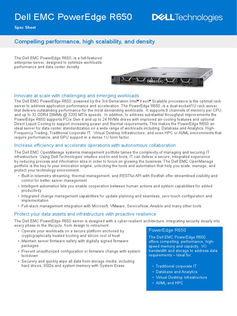 Dell Emc Poweredge r650 Spec Sheet | PDF | Solid State Drive | Computing