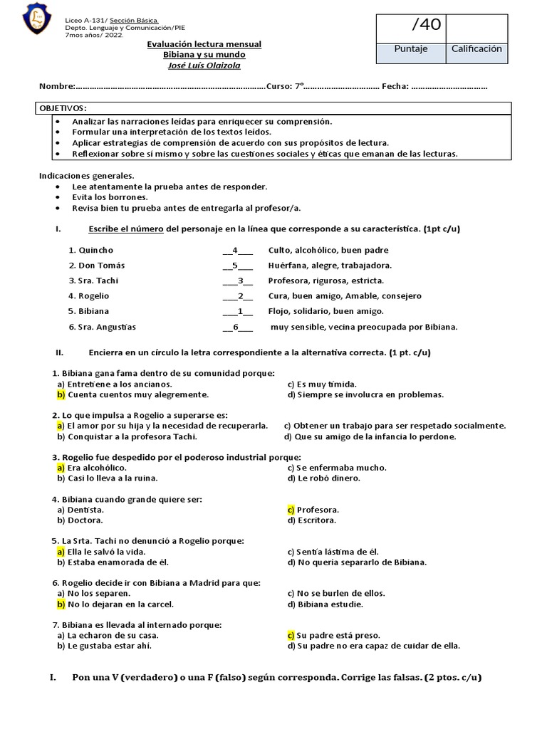 Evaluación de "Bibiana y su mundo" | PDF