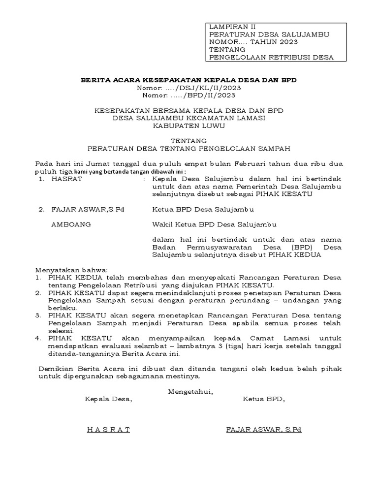 Berita Acara Kesepakatan Kepala Desa Dan BPD: Kami Yang Bertanda Tangan Dibawah Ini | PDF