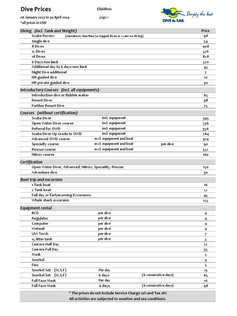 Ellaidhoo Dive, Watersports Price List 2023 - 2024 | PDF | Scuba Diving ...