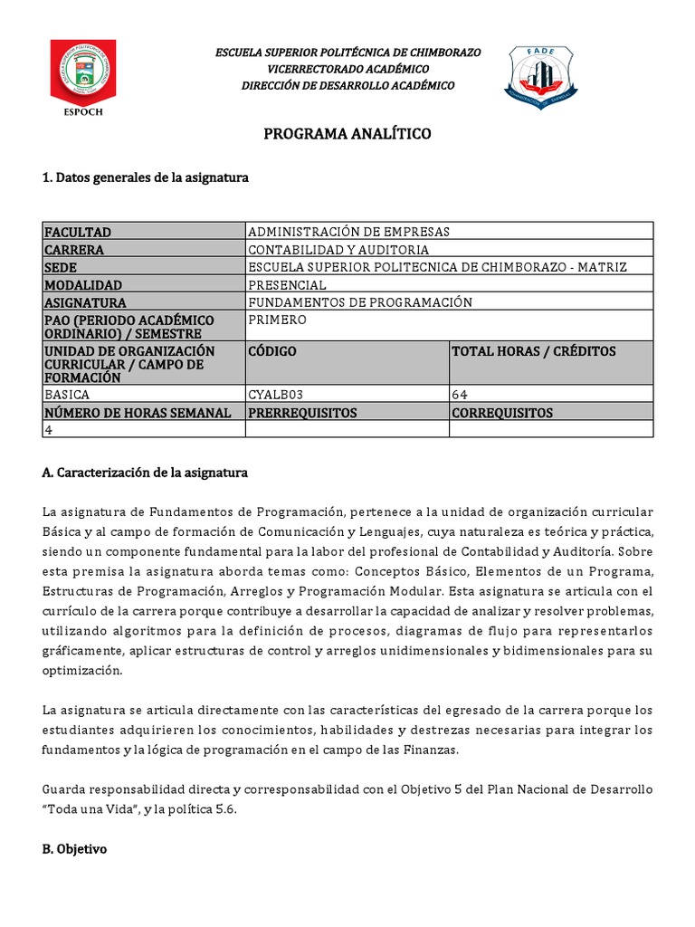 Programa Analitico Fundamentos de Programación | PDF | Programación de computadoras | Algoritmos