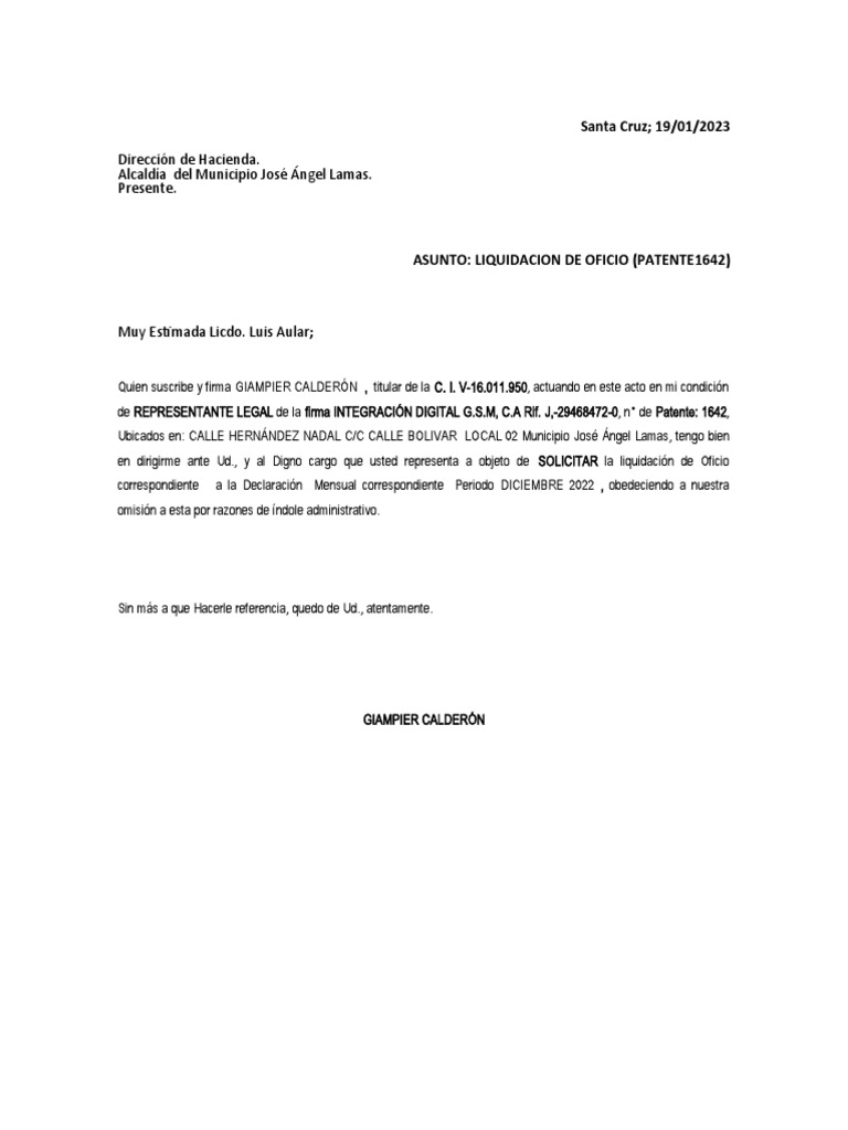 Modelo Carta de Solicitud de Liquidacion | PDF