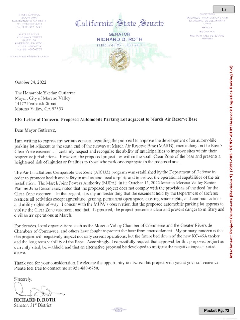 Letter From State Sen. Richard Roth, D-Riverside, Regarding A Parking ...