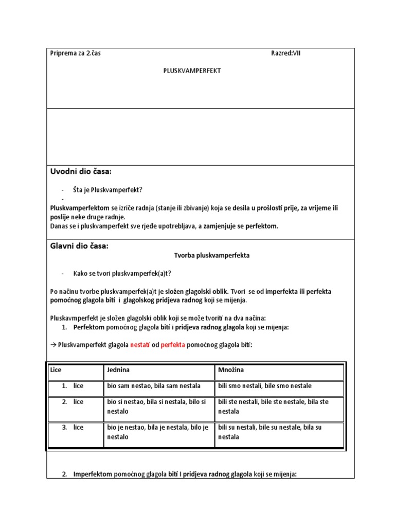 Priprema Za Čas Pluskvamperfekt | PDF