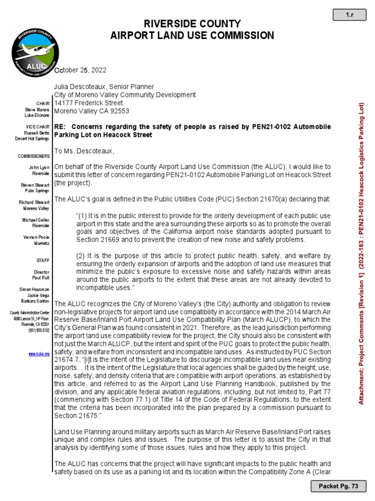 Riverside County Airport Land Use Commission Letter On Proposed Parking ...