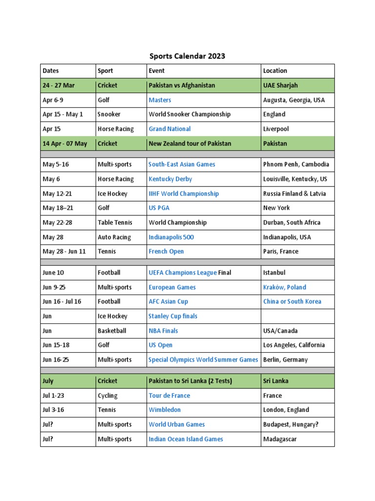Sports Calendar 2023 | Download Free PDF | Sports | Entertainment