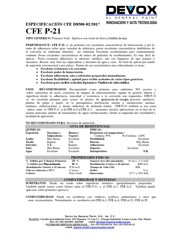 Especificaciones y recomendaciones de aplicación para el primario vinílico-epóxico CFE P-21 ...