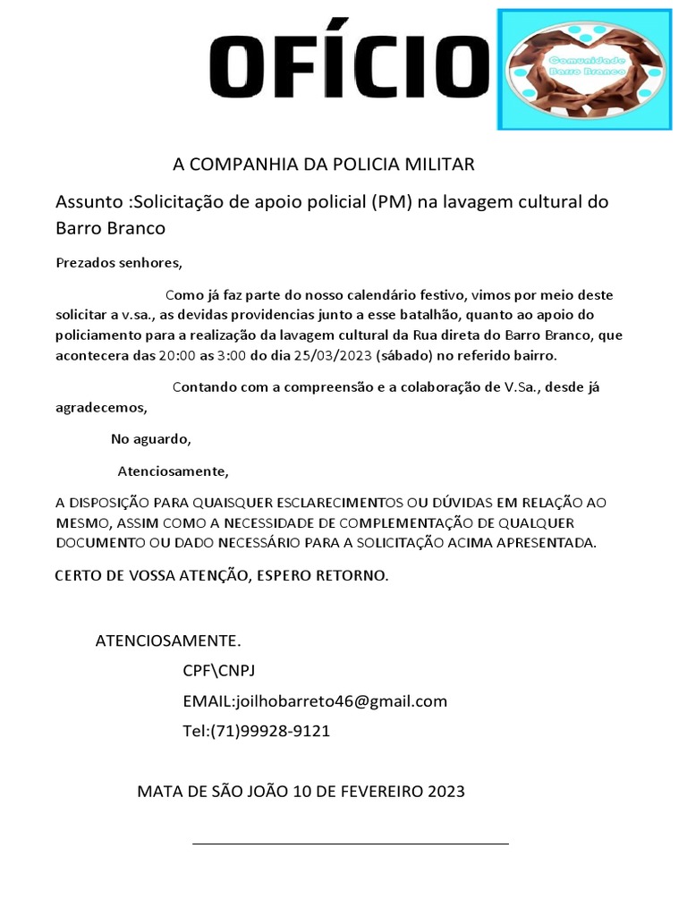 Oficio Lavagem Cultura BARRO BRANCO | PDF