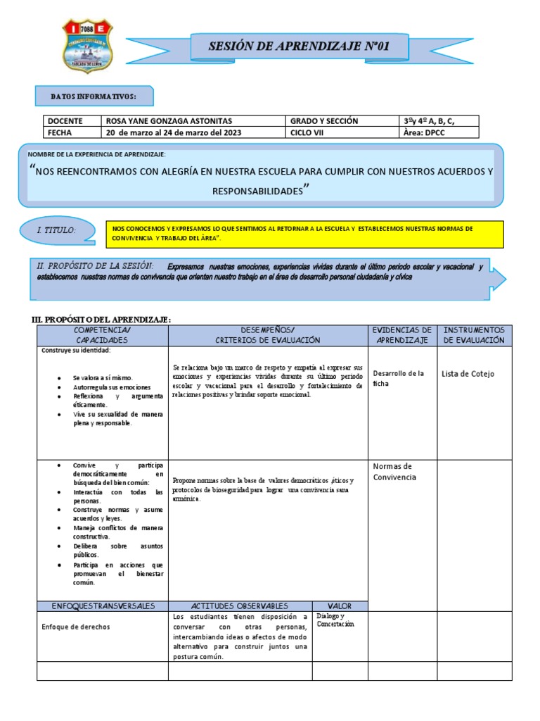 Modelo de Sesion de Aprendizaje 2023 | PDF | Evaluación | Las emociones