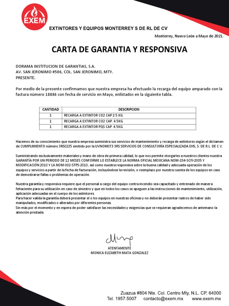 Carta de Garantia Y Responsiva: Cantidad Descripcion | PDF