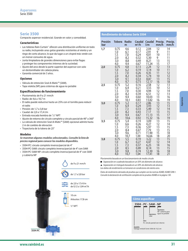 Ficha Tecnica Rotor Aspersor Serie 3500 Rain Bird | PDF