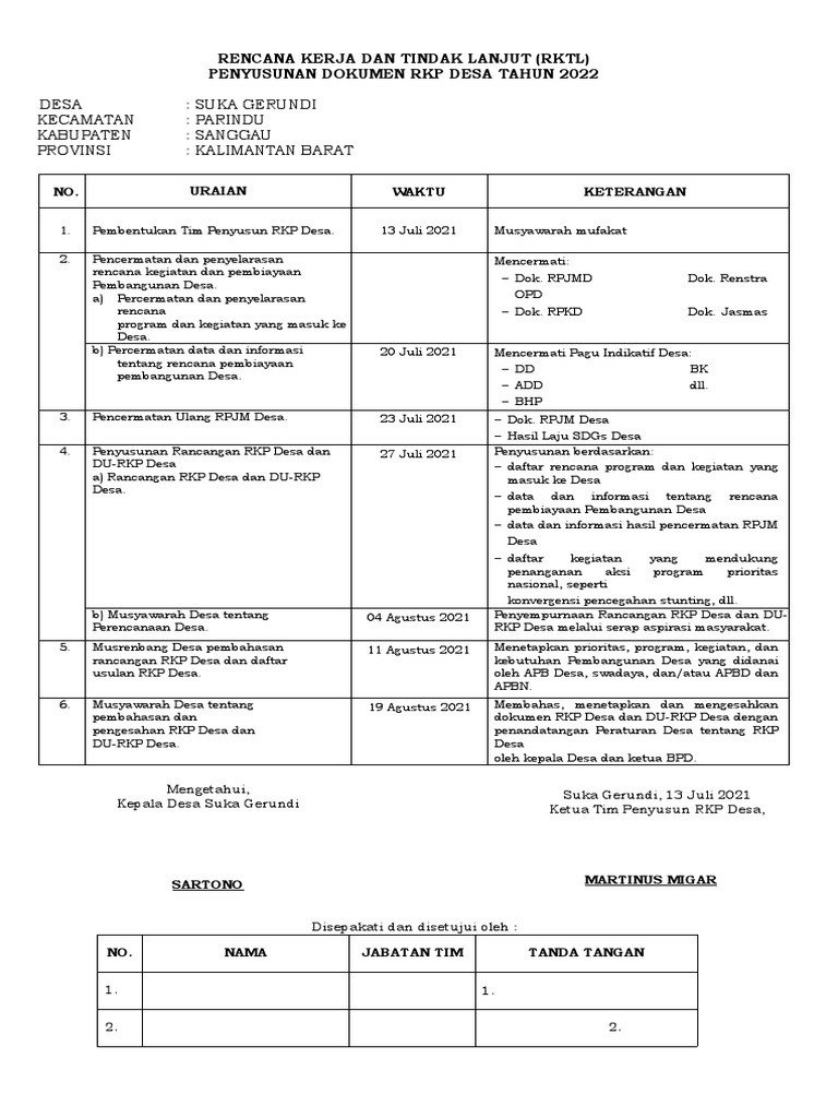 Format RKTL Penyusunan RKP Desa | PDF