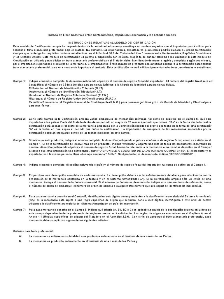 Instructivo de Llenado Del Certificado de Origen TLC CA Republica ... Instructivo de Llenado Del Certificado de Origen TLC CA Republica ...