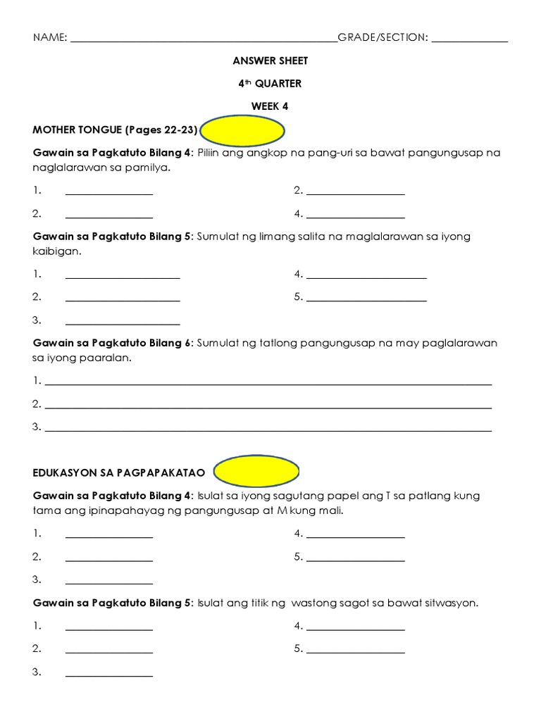 Answersheet 4th Week 4 | PDF