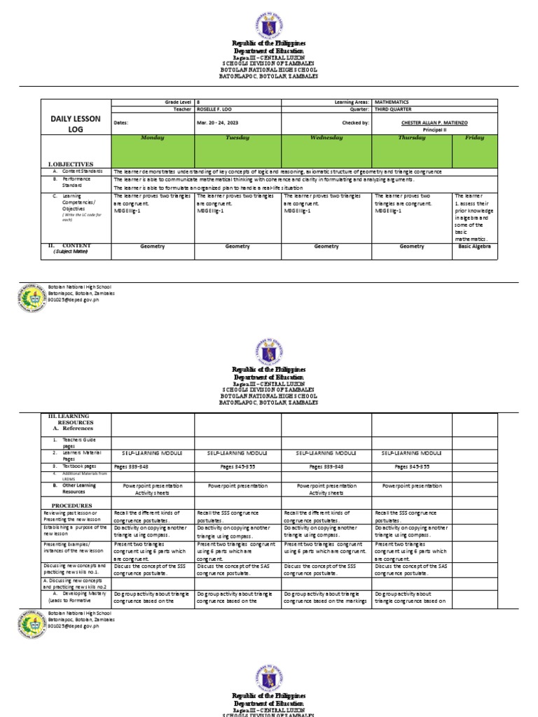 Daily Lesson LOG: Republic of The Philippines Department of Education | PDF | Cognitive Science ...