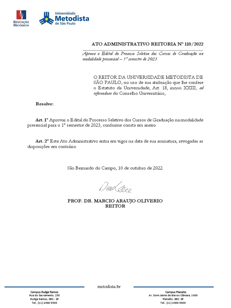 UMESP Presencial Ato 110 Aprova Edital Processo Seletivo 1o 2023 | PDF ...