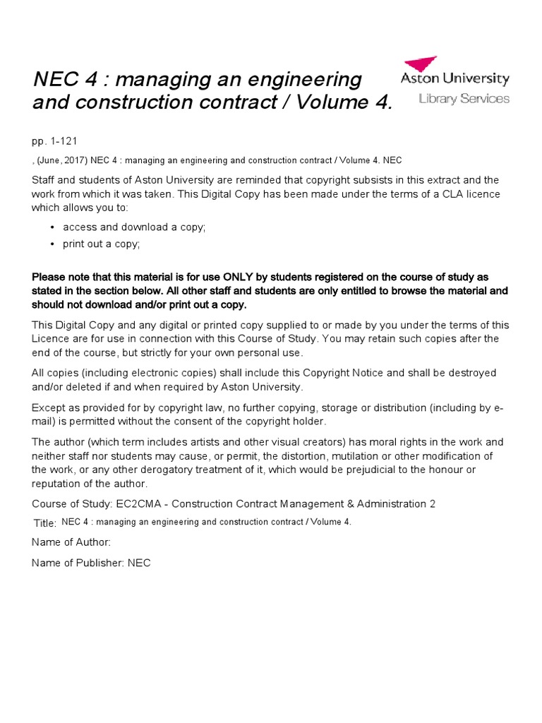 NEC 4: Managing An Engineering and Construction Contract / Volume 4 ...