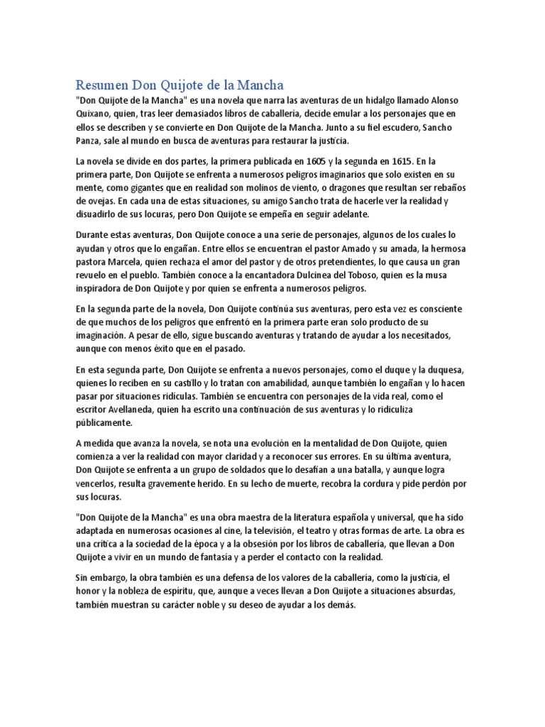 Resumen Don Quijote de La Mancha | PDF | Don Quijote