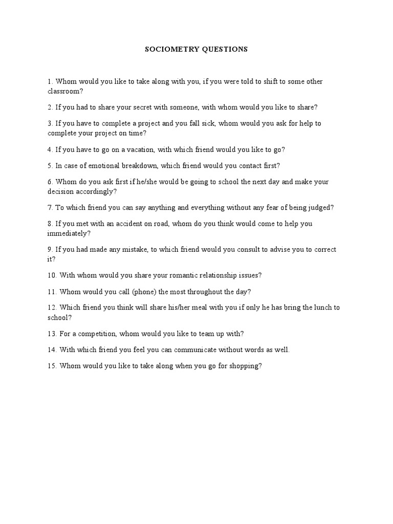 Sociometry Questions for Assessment | PDF | Wellness