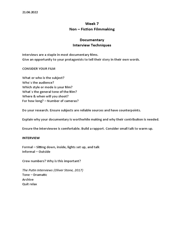 Week 7 Non - Fiction Filmmaking Documentary Interview Techniques | PDF ...