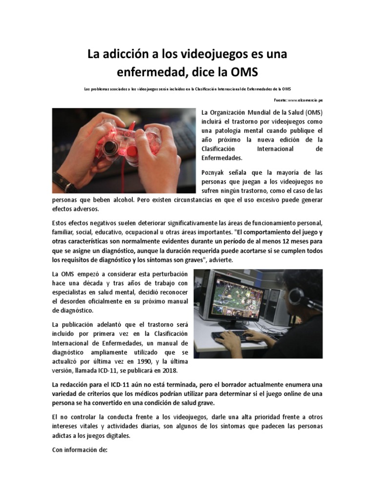 La Adicción A Los Videojuegos Es Una Enfermedad, Dice La OMS | Descargar gratis PDF | Salud ...