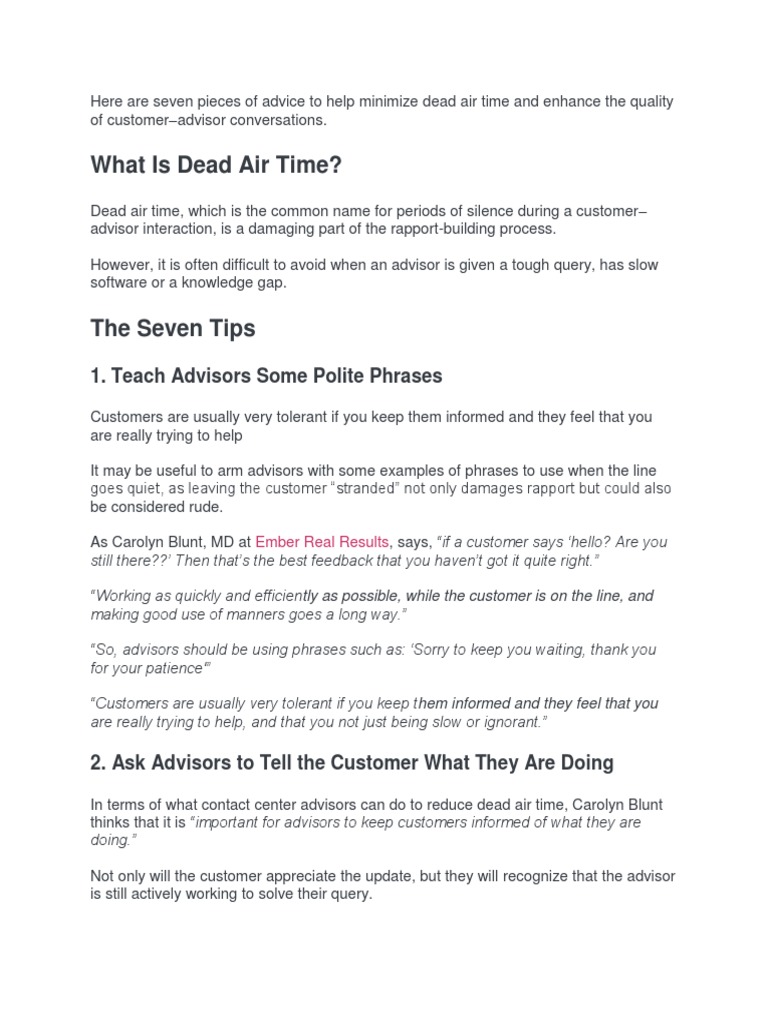 Seven tips to minimize dead air time and enhance customer-advisor ...