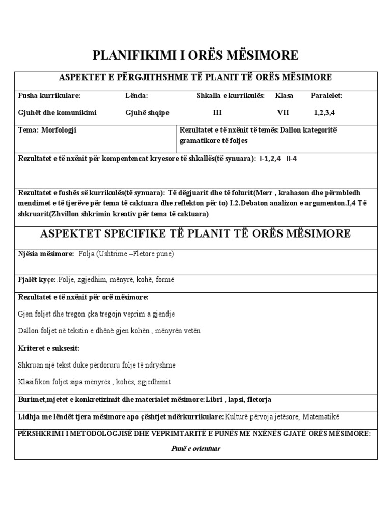 Planifikimi I Orës Mësimore | PDF