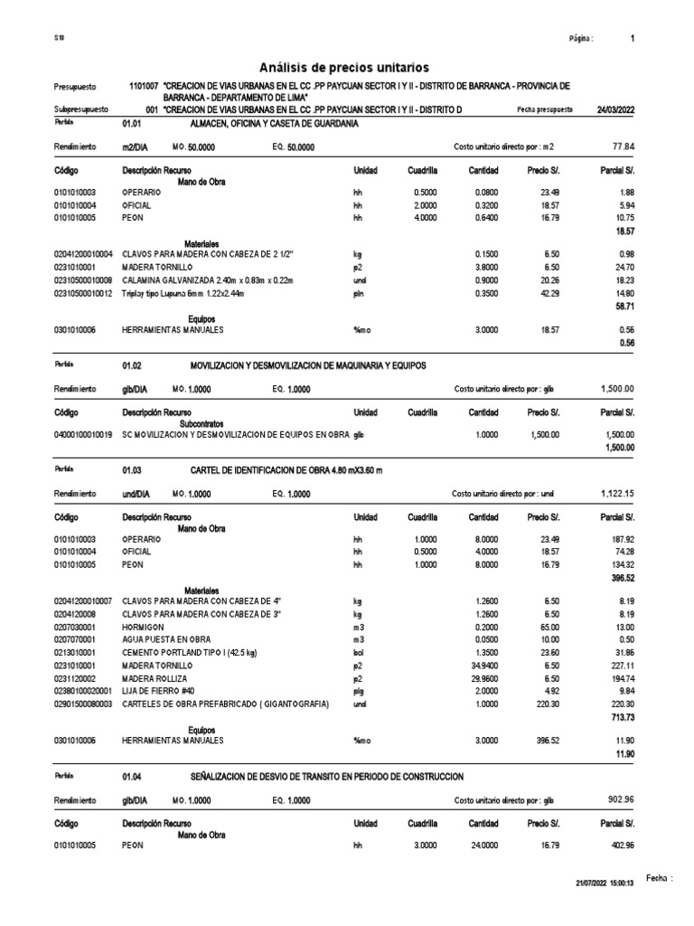 Análisis de Precios Unitarios: Página | PDF