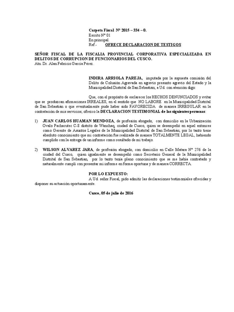 Escrito de Ofrecimiento de Testigos | PDF