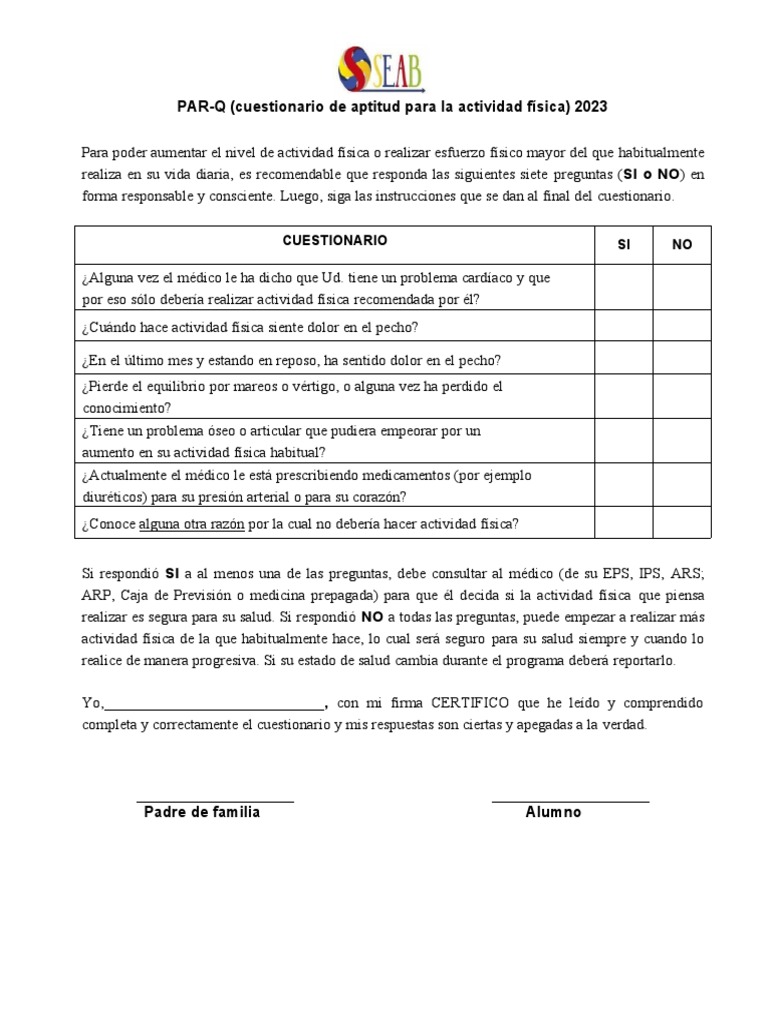 Cuestionario Par-Q 2023 | PDF