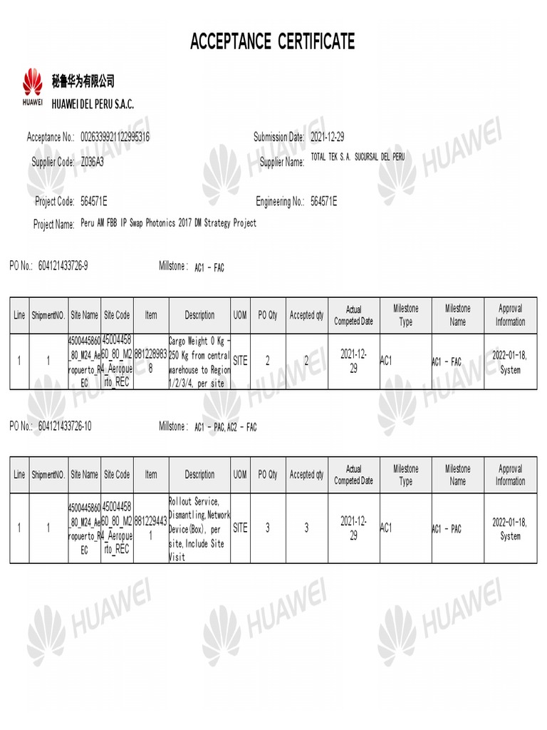 Acceptance Certificate: Huawei Del Peru S.A.C | PDF