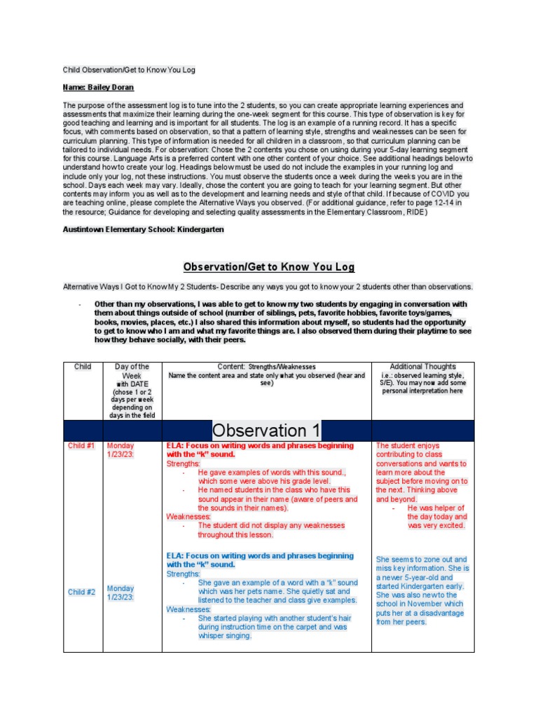 Observation Log | PDF | Learning | Curriculum