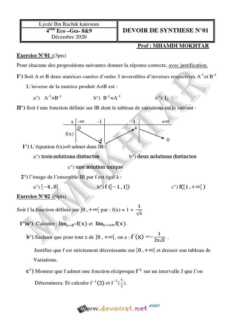Devoir de Synthèse N°1 - Math - Bac Economie & Services (2020-2021) MR ...