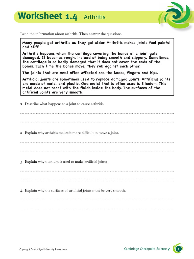 Worksheet 1.4: Arthritis | PDF