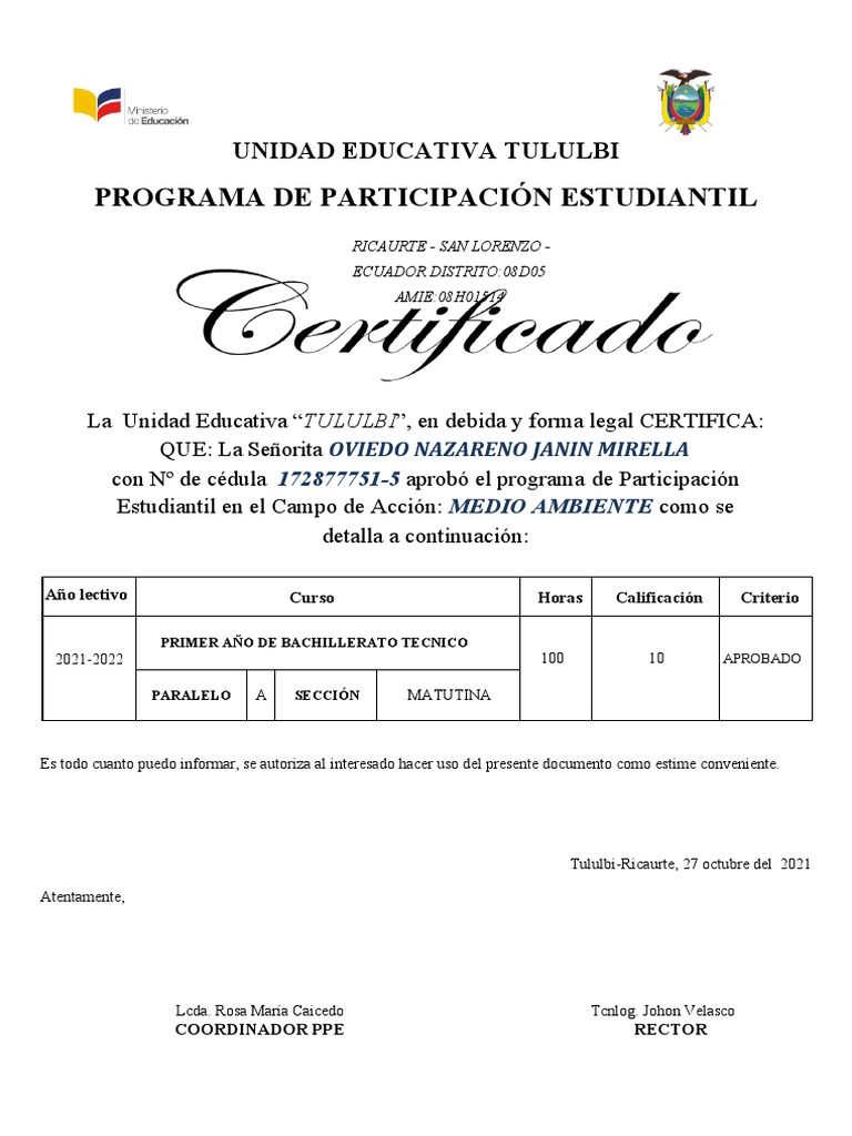 Certificado de Participación Estudiantil | PDF